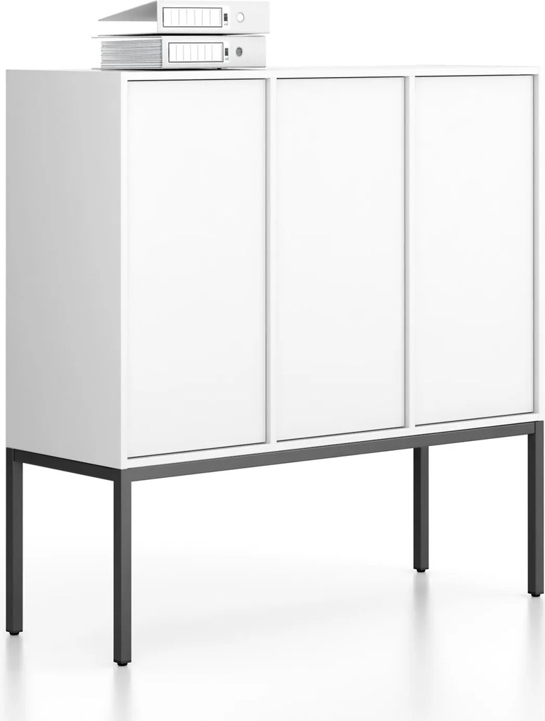 Kancelářská skříň FRAME, nízká, černá podnož, 3x dveře, 1299 x 450 x 1331 mm, PUSH-lock, bílá