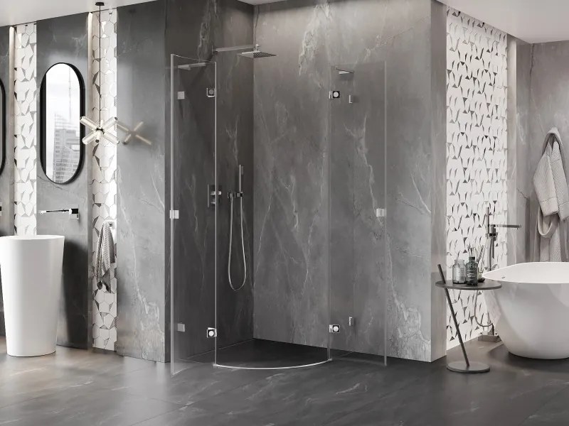 Mexen Lunar, L půlkruhový výklopný sprchový kout 80 x 80 cm, 8mm čiré sklo, chromový profil, 833L-080L-080P-01-00