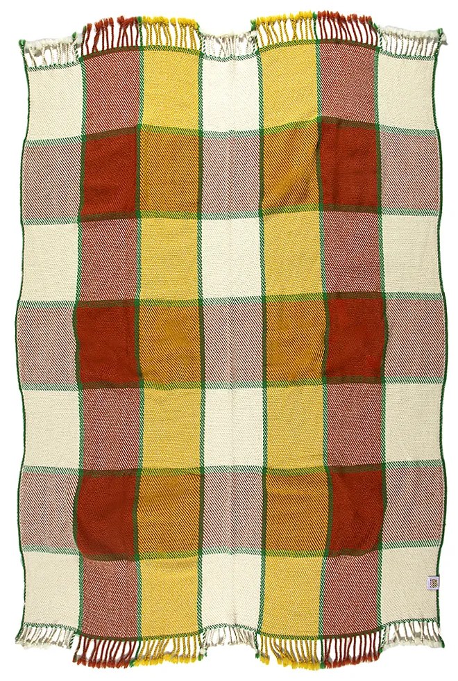 Vlněná deka Perelika XII - oranžová, bílá a žlutá kostka