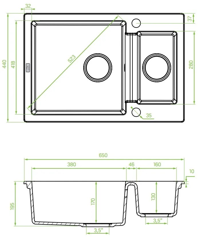Laveo Celia, 1,5-komorový granitový dřez 650x440x195 mm, černá, LAV-SBC_730T