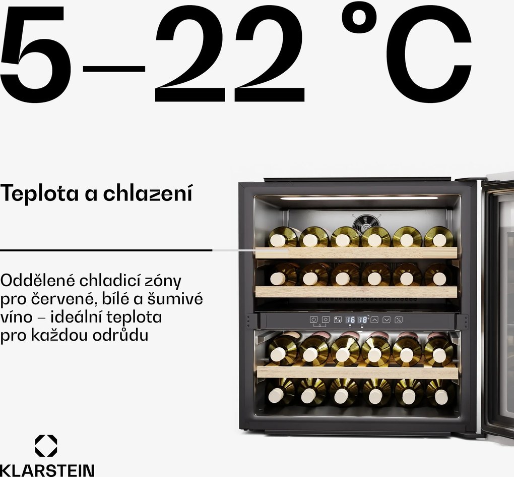 Klarstein Rhone 36 Duo vinotéka, 36 lahví, LED ovládání, push-to-open, tichý chod