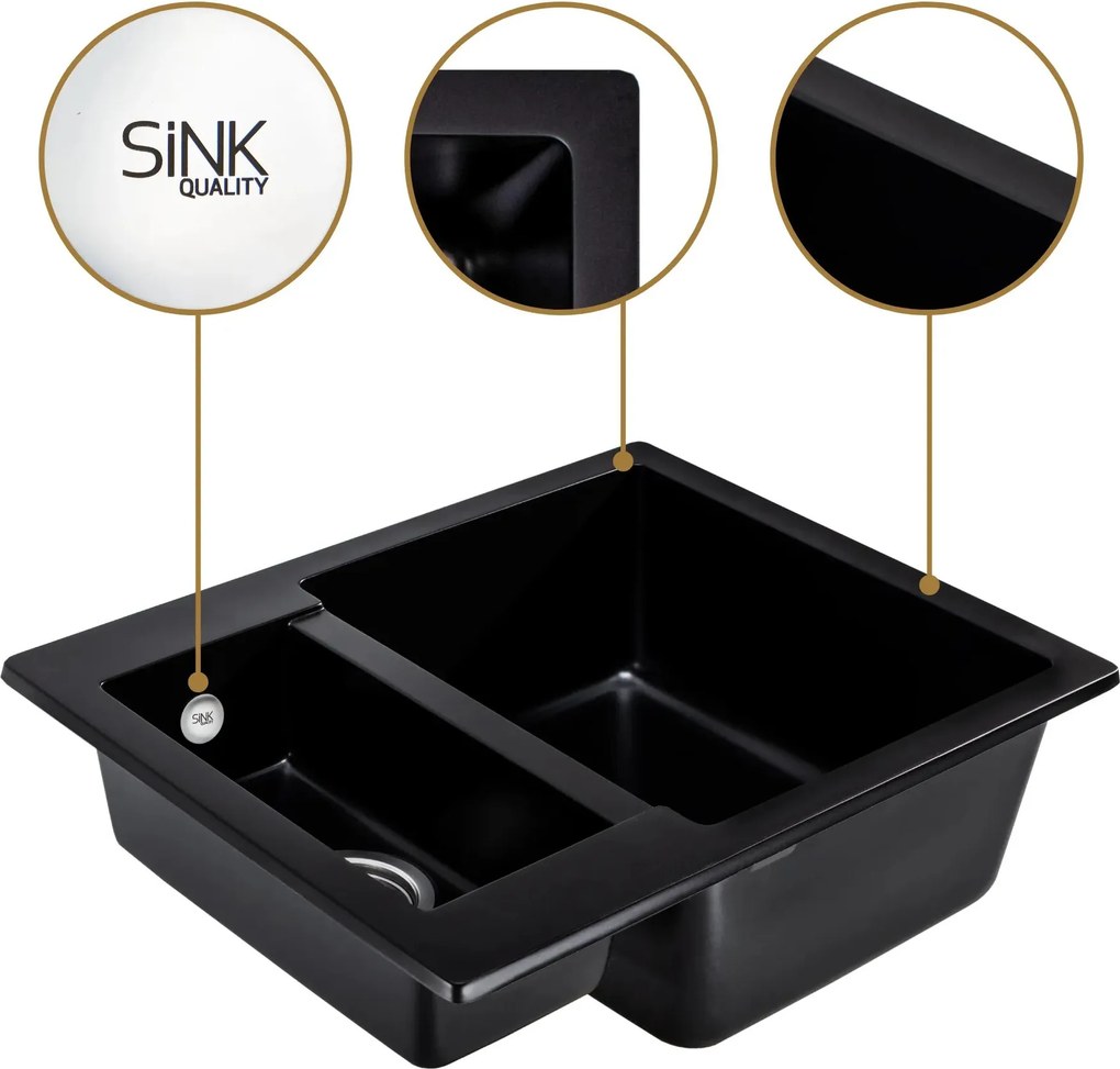 Sink Quality Ferrum, kuchyňský granitový dřez 605x495x210 mm + černý sifon, černá, SKQ-FER.C.5KBO.XB