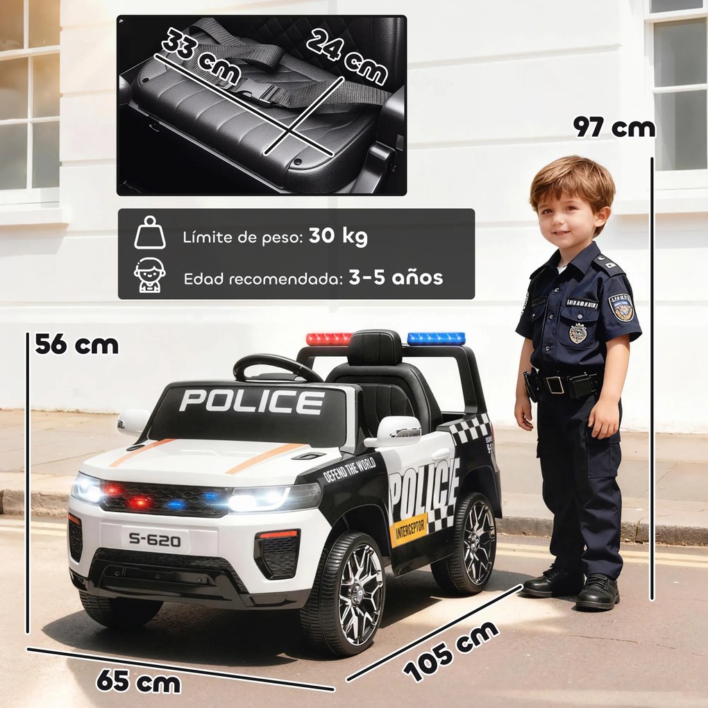 AIYAPLAY dětské policejní elektrické auto s dálkovým ovládáním, dvojitý motor, siréna, 4-kolová odpružení a světla, bílé