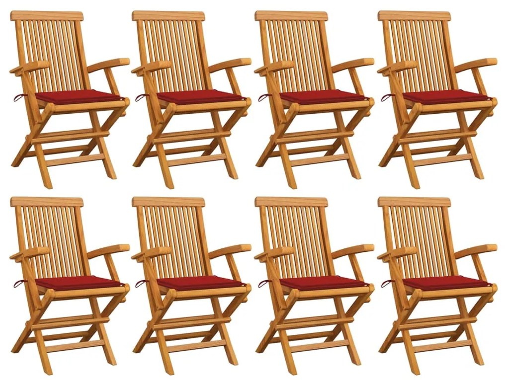 3072895 vidaXL Zahradní židle s červenými poduškami 8 ks masivní teak