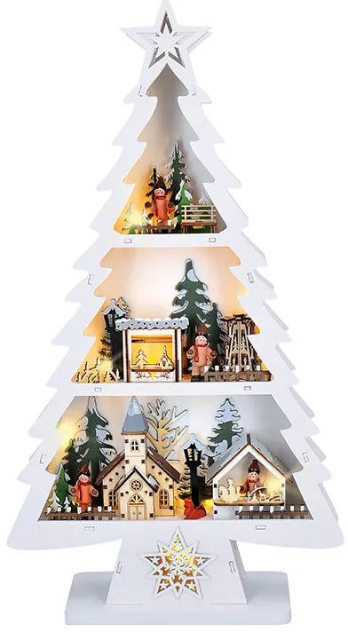 SOLIGHT LED dřevěný vánoční stromek s dekoracemi, 13x LED, bílá, 53cm, 2x AA