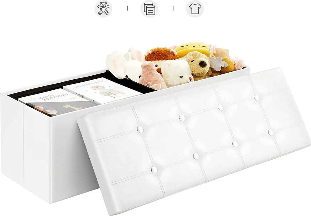 Puf 38 x 110 x 38 cm, skládací úložný otoman z umělé kůže, bílý