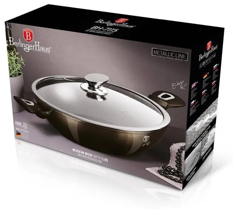 BERLINGERHAUS Wok pánev s poklicí s mramorovým povrchem 30 cm Shiny Black Edition BH-7115