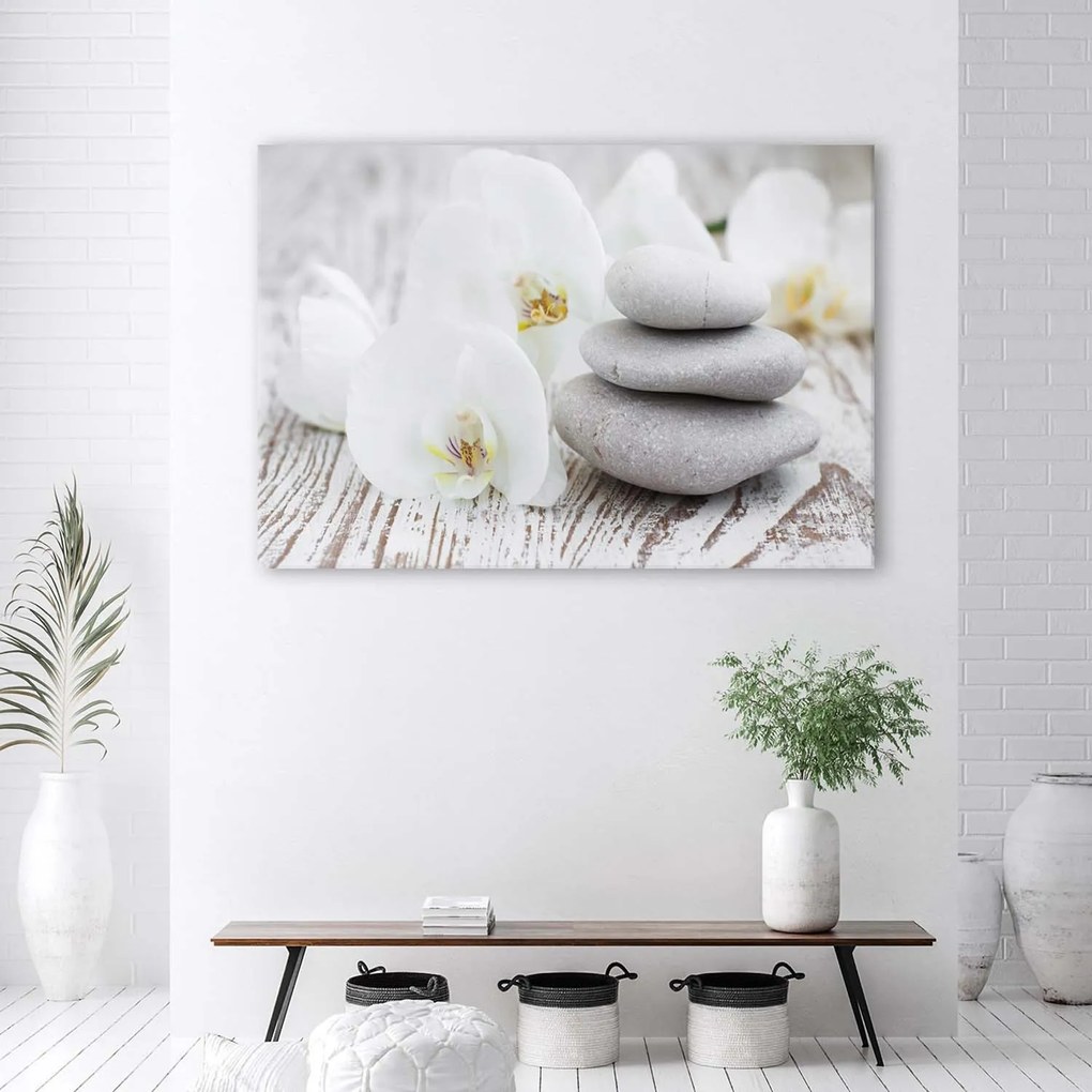Gario Obraz na plátně Bílá orchidej a kameny Rozměry: 60 x 40 cm