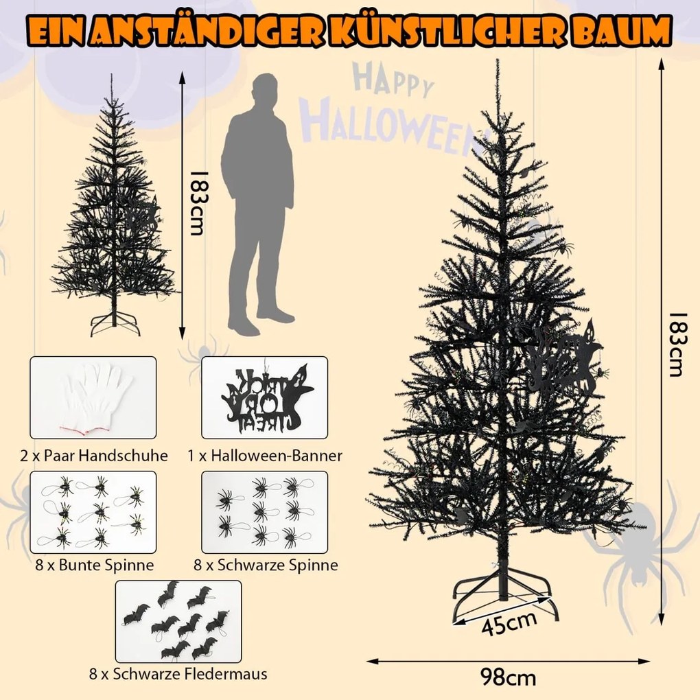 Costway 183 cm vysoký umělý sváteční strom Halloween s LED světly a dekoracemi