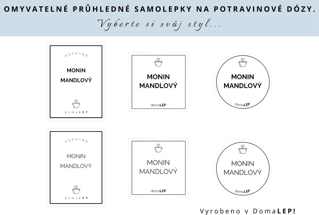 MONIN MANDLOVÝ - omyvatelná samolepka na dózu, výběr rozměrů Ø 5 cm / 5 x 5 cm / 6 x 8 cm | DomaLEP tvar: ČTVEREC, barva: PRŮHLEDNÁ - ČERNÉ písmo, velikost: š. 5 cm x v. 5 cm - základní písmo