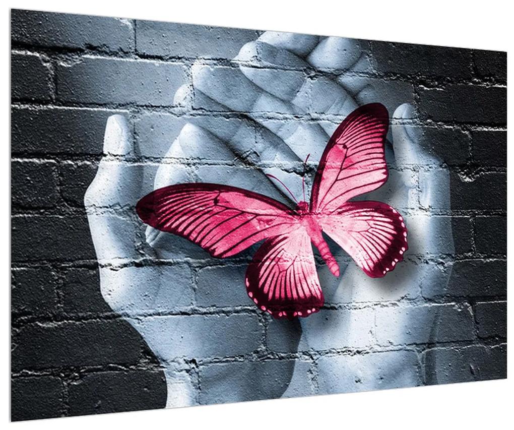 Moderní obraz dlaní s motýlem (90x60 cm)