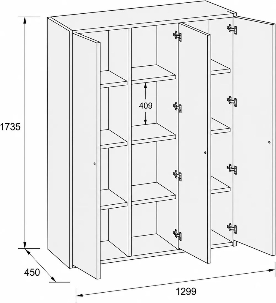 Kancelářská skříň FRAME, 3x dveře, 1299 x 450 x 1735 mm, PUSH-lock, šedá