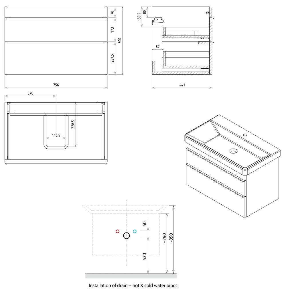 Sapho, SITIA umyvadlová skříňka 75,6x50x43,4cm, 2x zásuvka, dub Alabama, SI080-2222