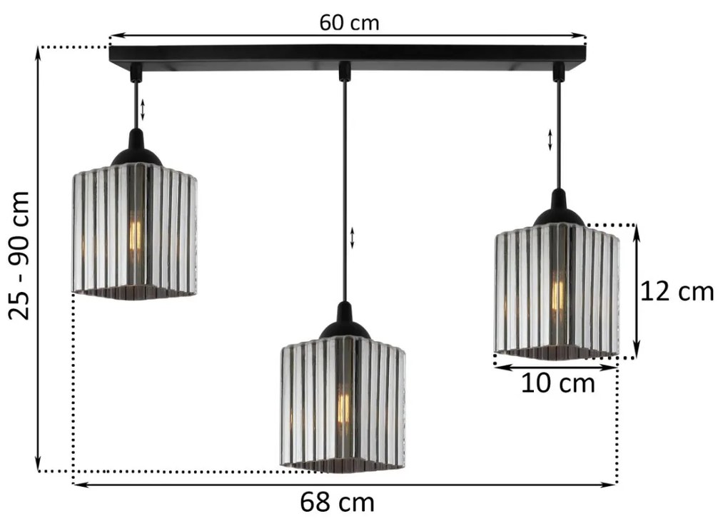 Závěsné svítidlo Riffle Square, 3x grafitové skleněné stínítko, b