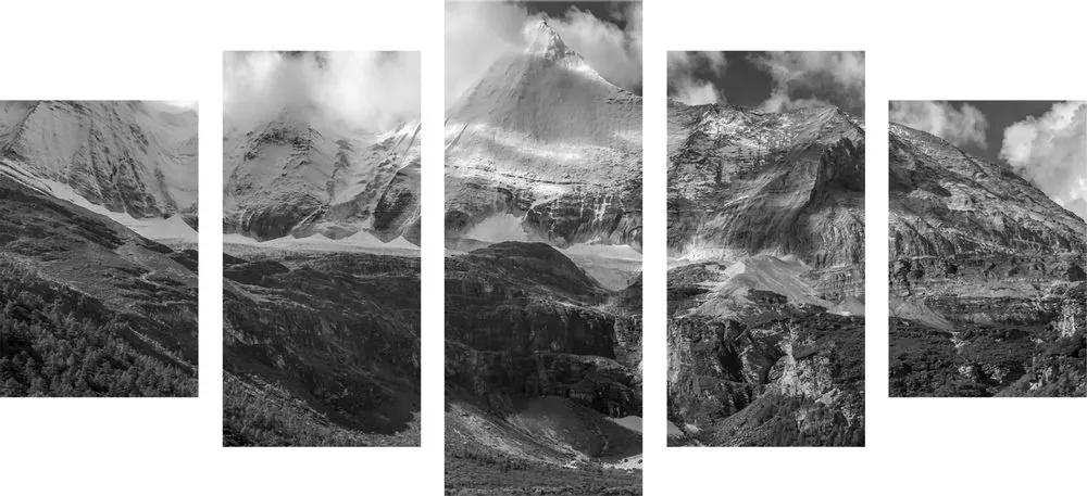 5-dílný obraz majestátní horská krajina v černobílém provedení - 200x100 cm
