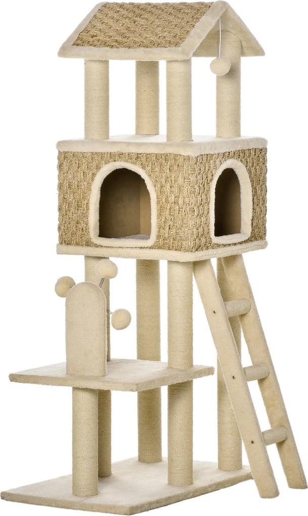 PawHut Kočičí Stromeček Škrabací Sloup 130H cm Šplhací Strom s Kočičím Bydlením a Hracím Míčkem Jutovými Sloupy Velká Podlaha Dřevotřísková Měkoučká K