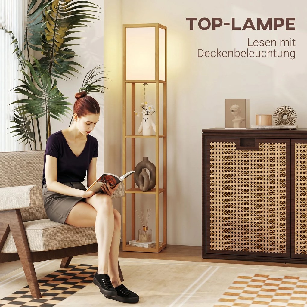 HOMCOM stojací lampa s 3 policemi, stojací svítidlo s objímkou E27, 26 x 160 cm, do obývacího/pokojového prostoru (Bez žárovky)