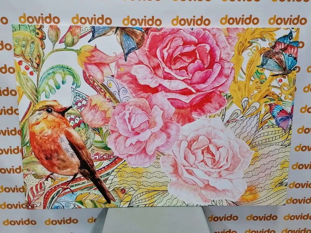 Obraz vintage ptáček s květinami - 90x60 cm