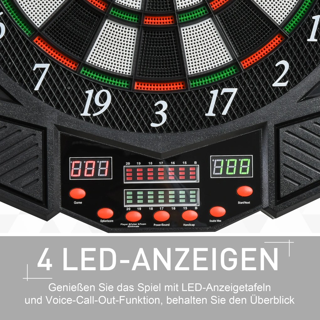 HOMCOM Elektronický šipkový terč s dvířky 216 her včetně 4 LED 12 šipek až pro 8 hráčů ABS PP 49x54,6x5,5 cm