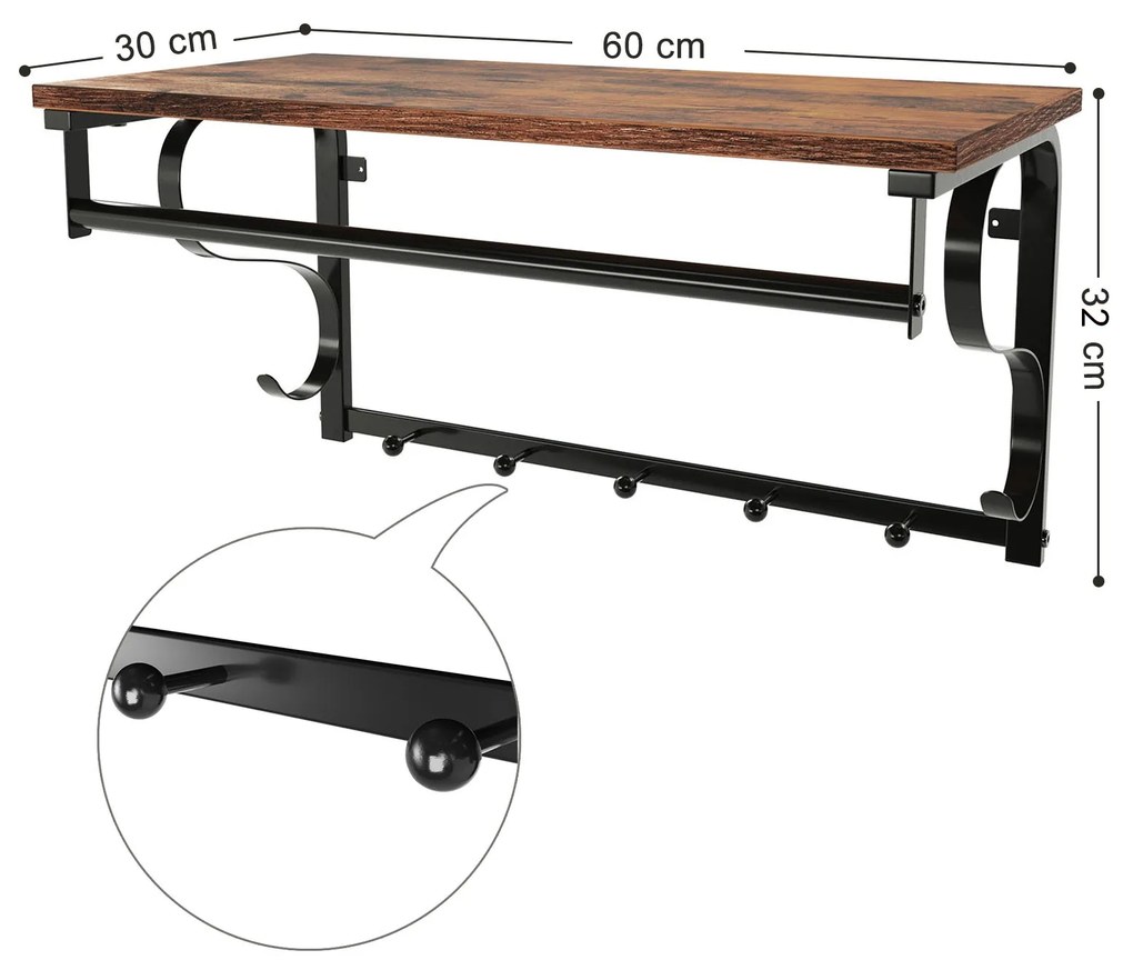 Věšák na zeď HENRY, 60x30x32cm, černá/hnědá Vasagle