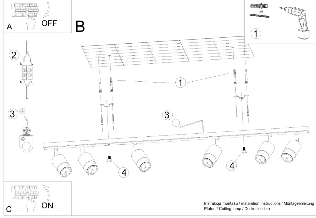 Bodové svítidlo Nero, 6x černé kovové stínítko, (možnost polohování), g
