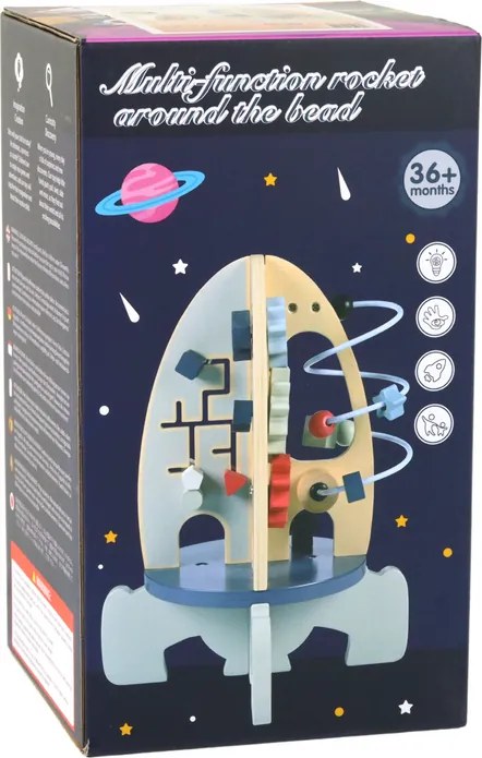 LEAN Toys Dřevěná edukační hračka raketa s korálky a ozubenými kolečky