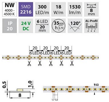 LED pásek McLED 24V neutrální bílá š=8mm IP20 18W/m 300LED/m SMD2216 ML-126.737.60.1