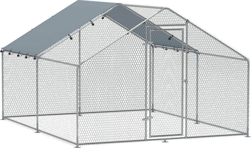 PawHut Venkovní Kurník, 3x3,4x1,9m 10,2m² Zinkem Potahovaný Ocelový Systém pro 10-15 Slepice, Kurník s Voděodolnou Anti-UV Střechou a Zámkem, pro Malá