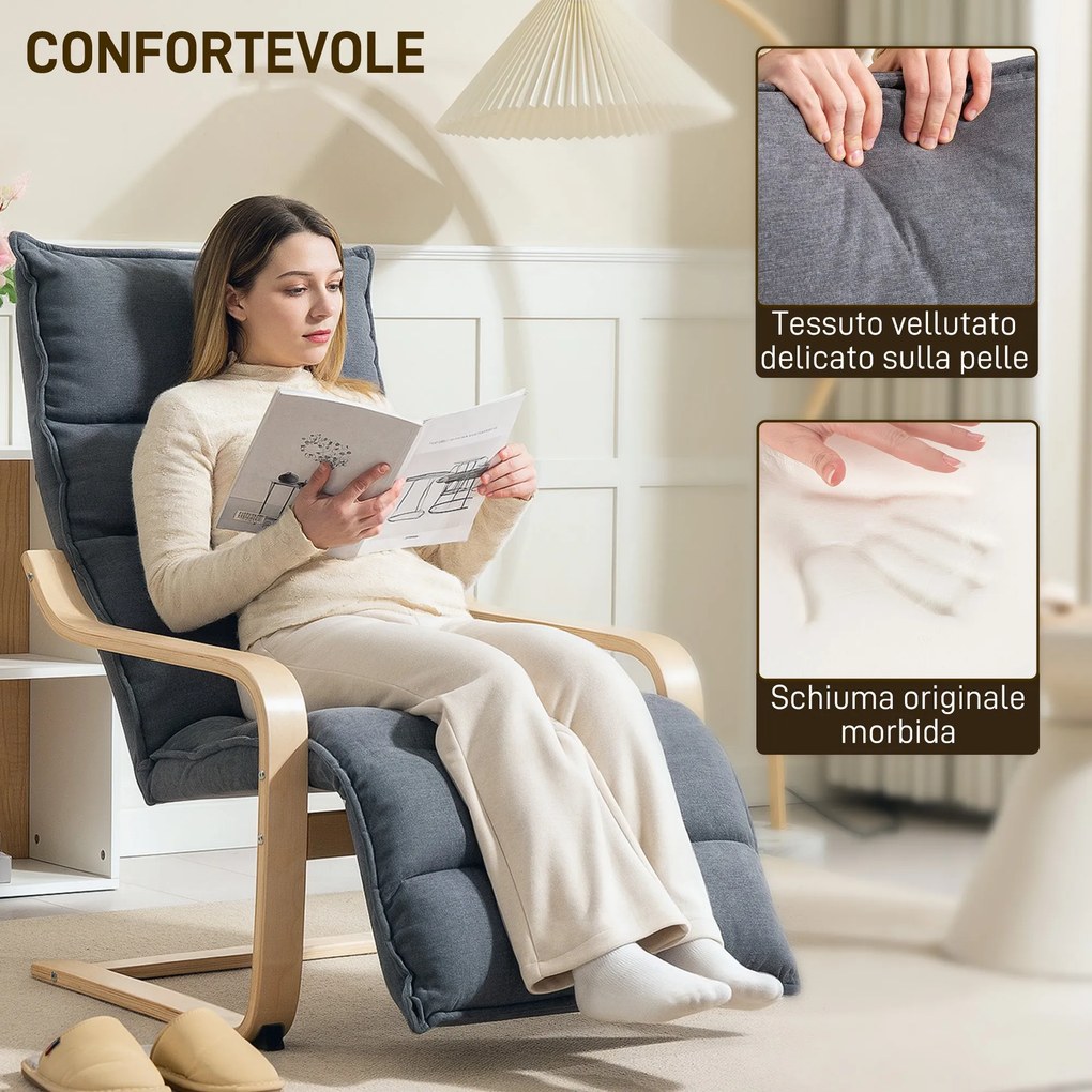 HOMCOM Tmavě šedé dřevěné relaxační křeslo s sametovým potahem, nastavitelný opěrka na nohy, moderní design pro obývací pokoj a lounge