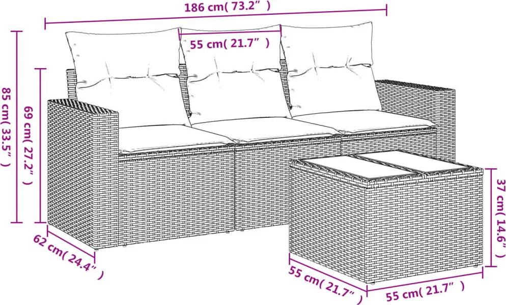 vidaXL 4dílná zahradní sedací souprava s poduškami polyratan [3218658] Barva: Šedá