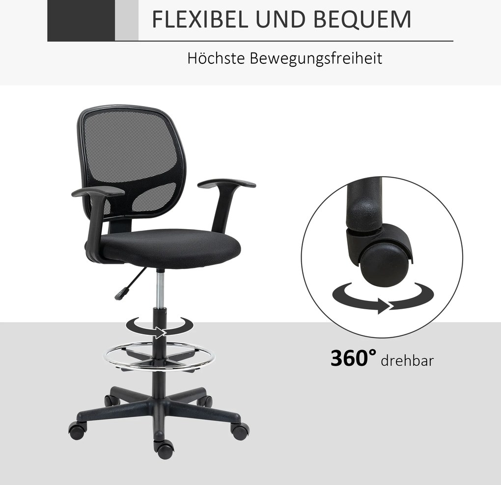 Ergonomická kancelářská židle Vinsetto kancelářská židle, otočná židle, kreslící židle, nastavitelný kroužek na nohy, do 120 kg, černá, 60x56x110-132…