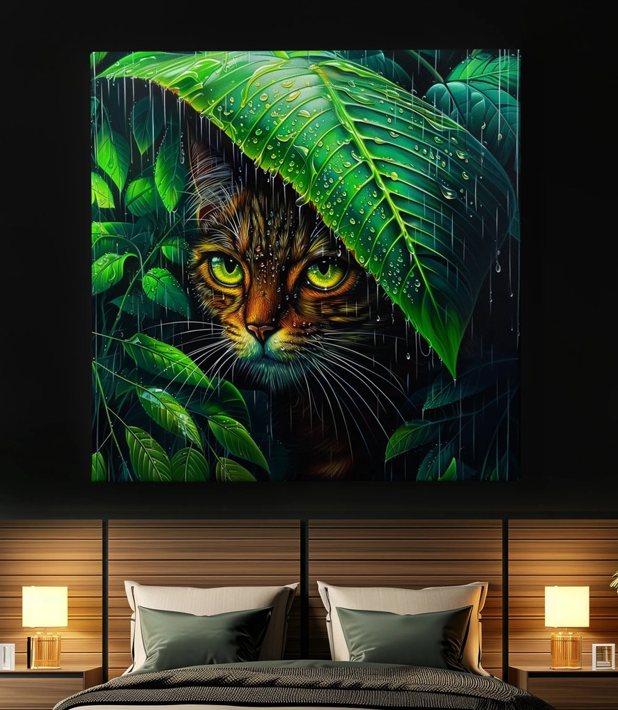 Obraz na plátně - Kočka se skrývá pod listem FeelHappy.cz Velikost obrazu: 140 x 140 cm