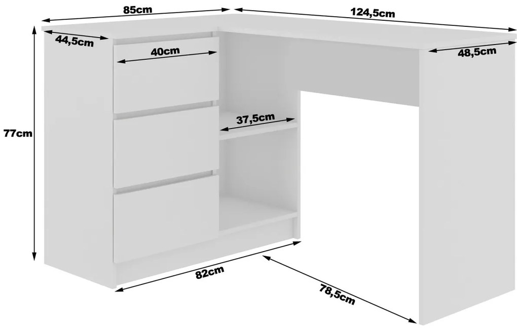 Rohový psací stůl B16 124 cm bílý/dub sonoma levý