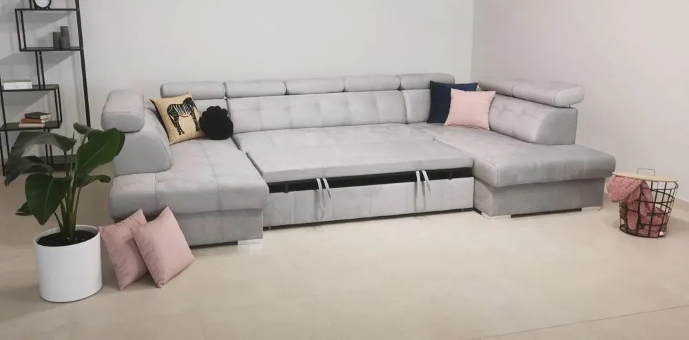 Rozkládací rohová sedačka AMORIS U šedá 346x190cm - rozklad a úložný prostor