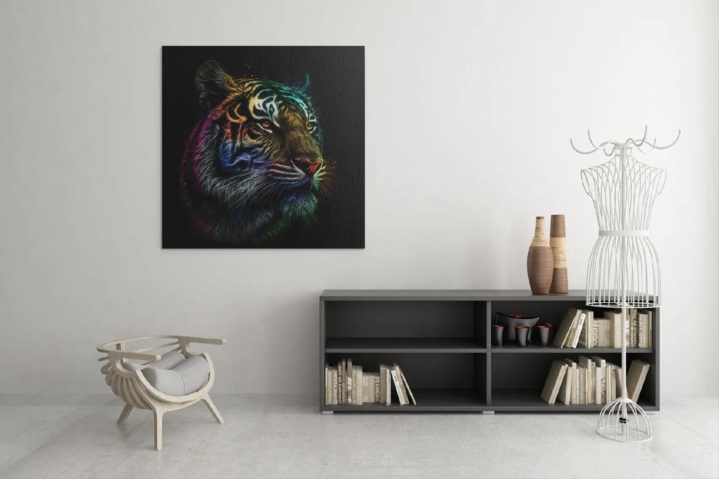 Obraz na plátně - barevný tygr na černém pozadí FeelHappy.cz Velikost obrazu: 80 x 80 cm