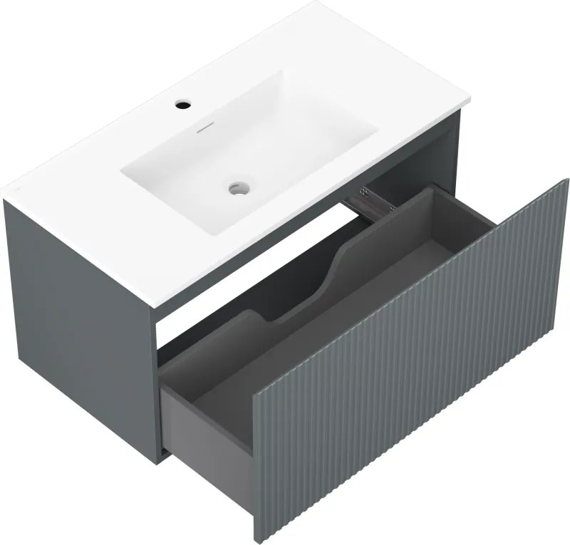 Mexen Rivel, koupelnová skříňka 90 cm s umyvadlem Otis, 1 zásuvka, drážkovaná, grafitová matná/bílá matná, 91A20-09047-1-BF66-W18M01