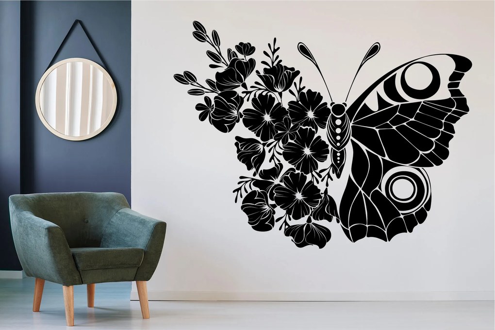 Lepy.cz Samolepka na zeď Motýl-květina Velikost (šířka x výška): 65x50cm, Barevná varianta: Světle šedivá