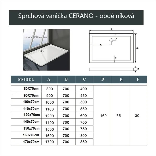 CERANO - Sprchová vanička z litého mramoru obdélníková Piato - bílá matná - 150x70 cm