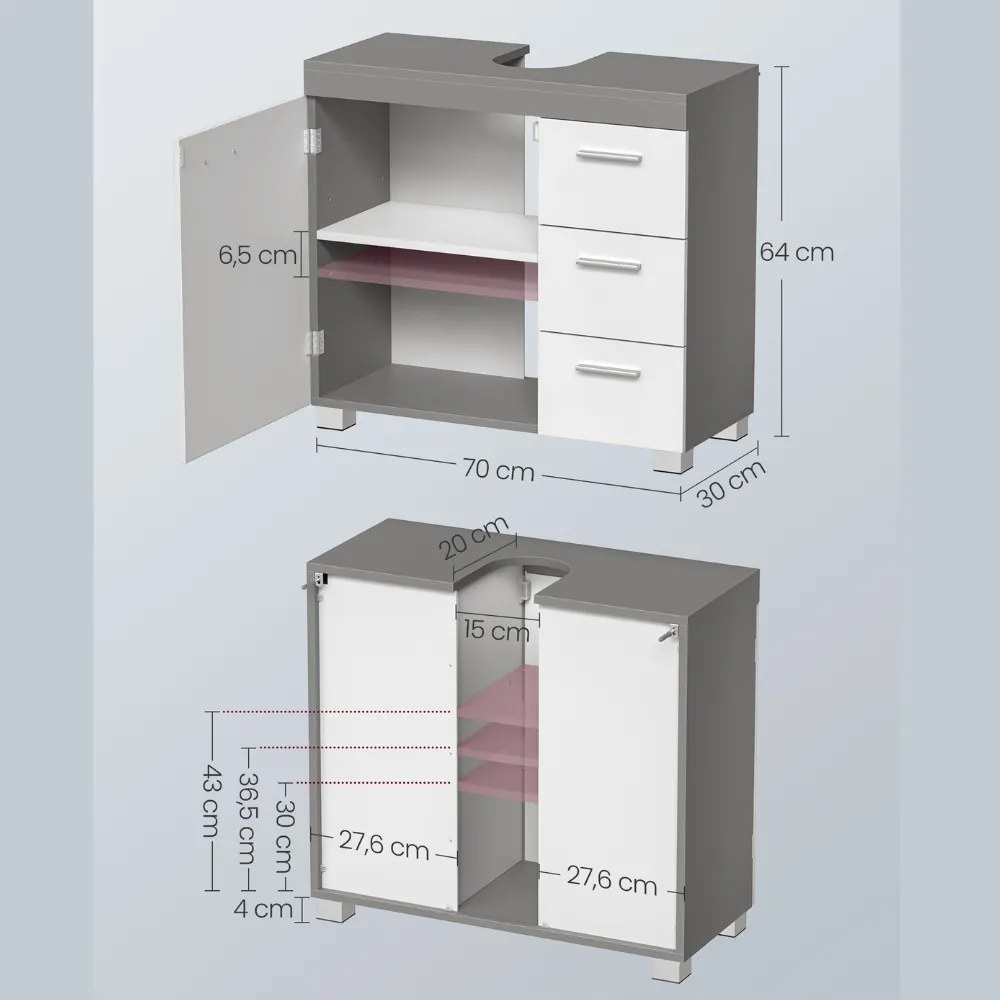 Vasagle Skříňka pod umyvadlo IVY, 30x70x64 cm, bílá/šedá