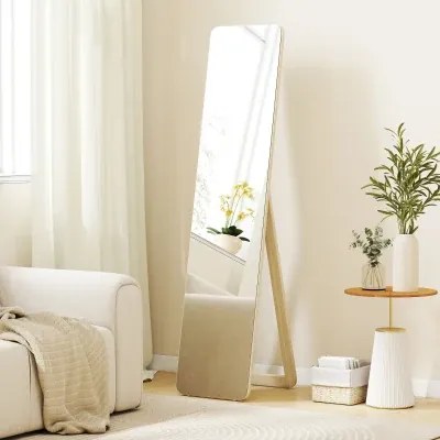 HOMCOM stojací a nástěnné zrcadlo obdélníkové, rozměry 37D x 43Š x 156V cm, přírodní dřevo