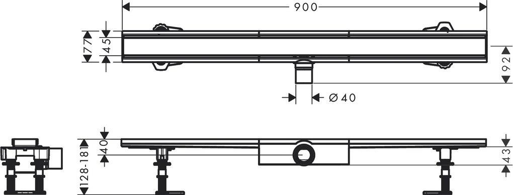 Hansgrohe RainDrain Compact, úplná sada sprchového žlabu 900 pro plochou instalaci, kartáčovaná nerezová ocel, HAN-56168800