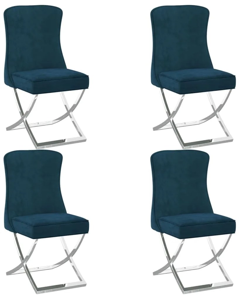 3074922 vidaXL Jídelní židle 4 ks modré 53 x 52 x 98 cm samet a nerez ocel