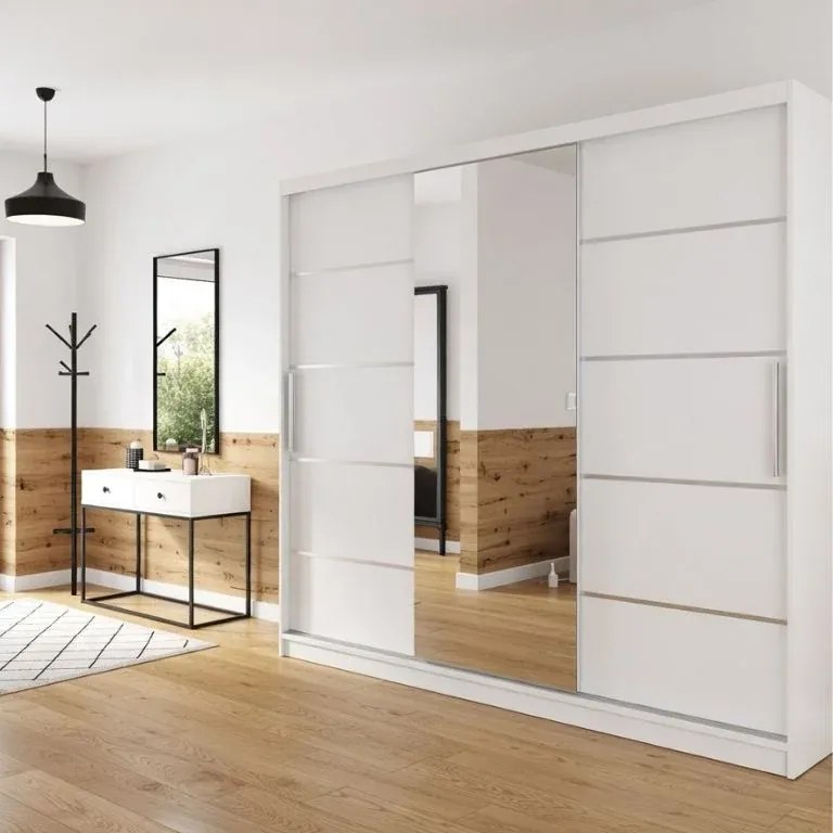 Šatní skříň 232 cm Belini bílý mat s posuvnými dveřmi zrcadlem a zásuvkami MBP SZP8/0/1W/2W1L/0/KLAL