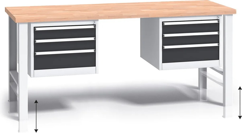 Výškově nastavitelný pracovní stůl do dílny G3 se 2 závěsnými boxy na nářadí, buková spárovka, 6 zásuvek, 2000 x 685 x 840 - 1050 mm, grafit