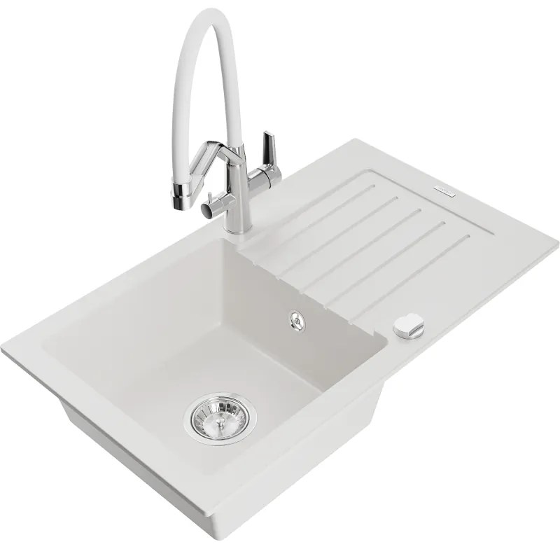 Mexen Pablo, granitový dřez 752x436x161 mm, 1-komorový a dřezová baterie Duo, bílá, 6510-20-671701-02