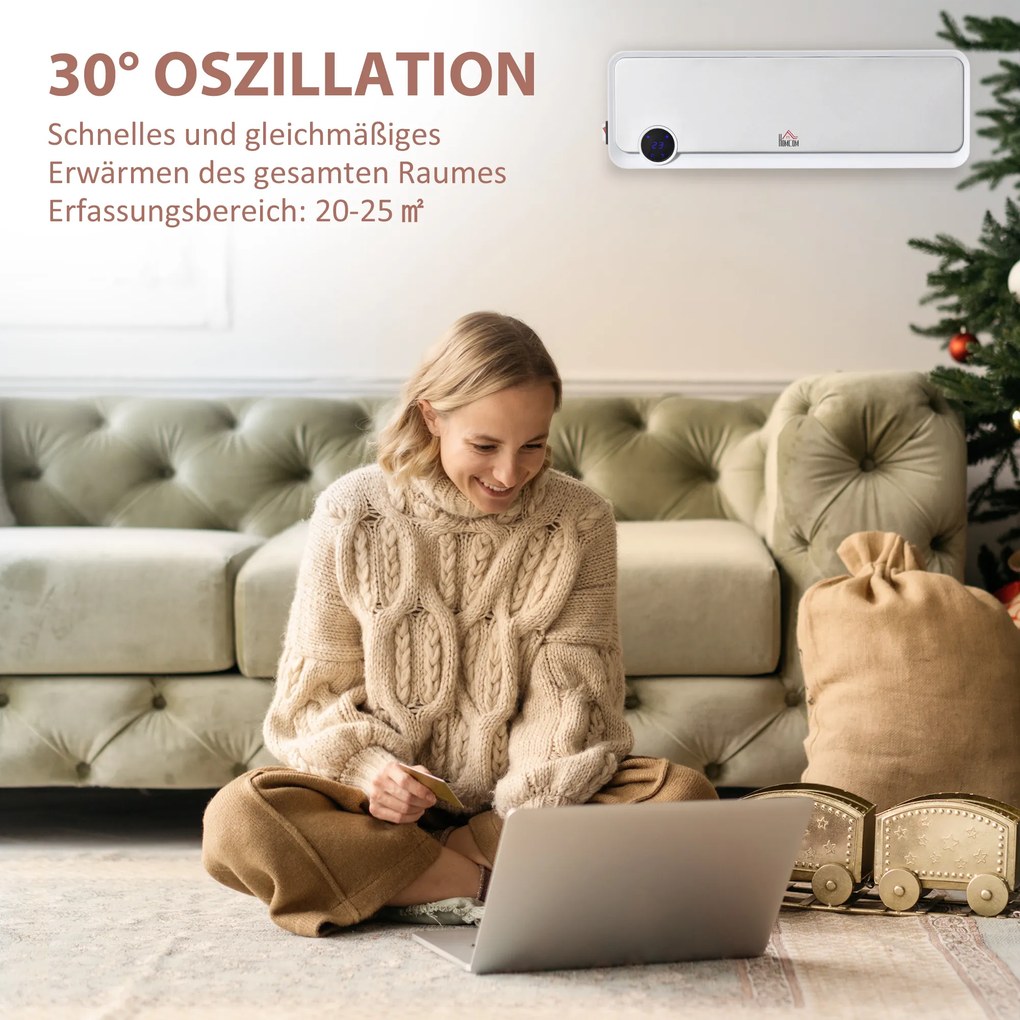 HOMCOM Topný ventilátor na stěnu 2000W s dálkovým ovládáním, 3 režimy provozu, LED displej, 12hodinový časovač 820-252V90