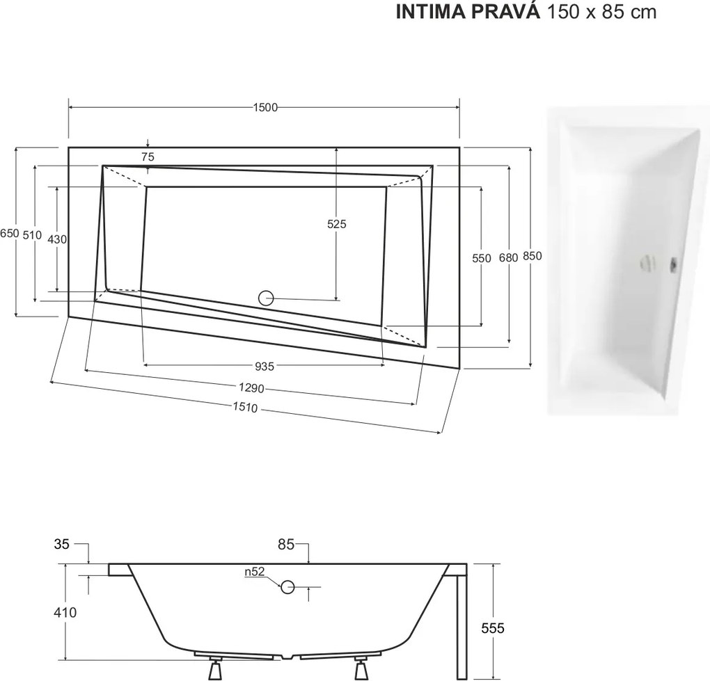 Besco Intima asymetrická vana 150 x 85 cm pravá akrylát bílá VANINTI15P