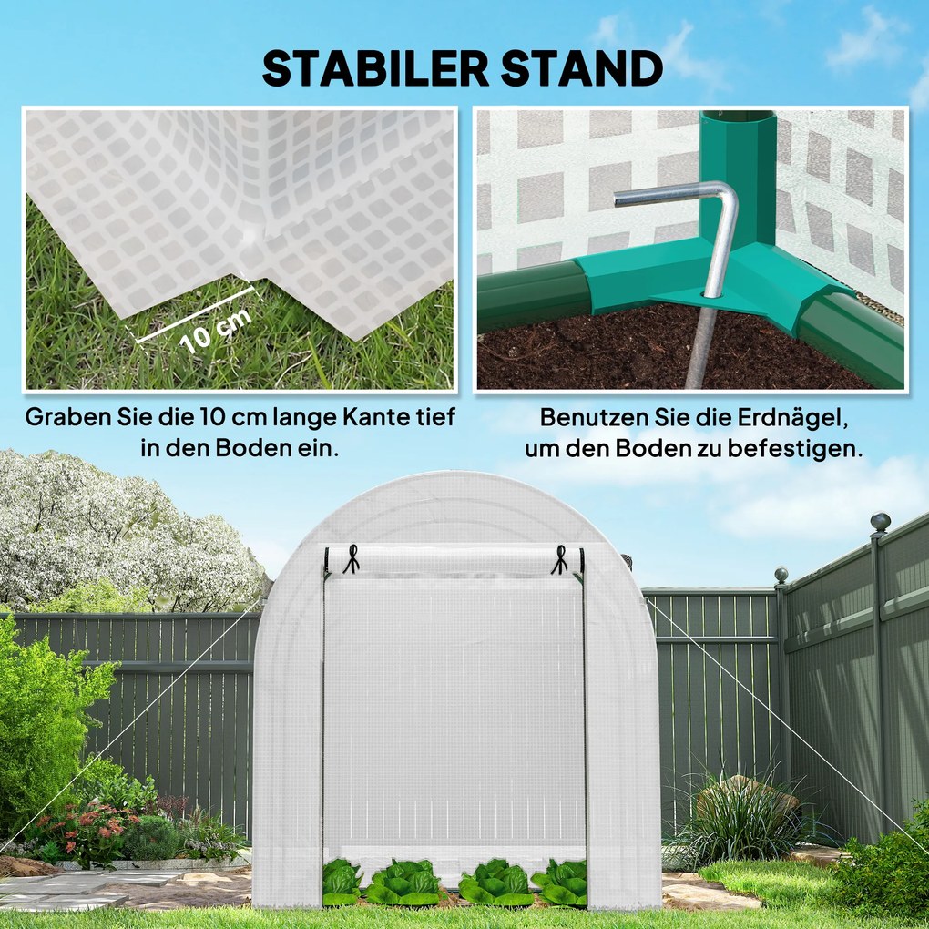 Zeleninový skleník Outsunny 180x180x200 cm Malý tunelový skleník s rolovacím dveřmi a oknem pro pěstování rostlin a květin Bílá