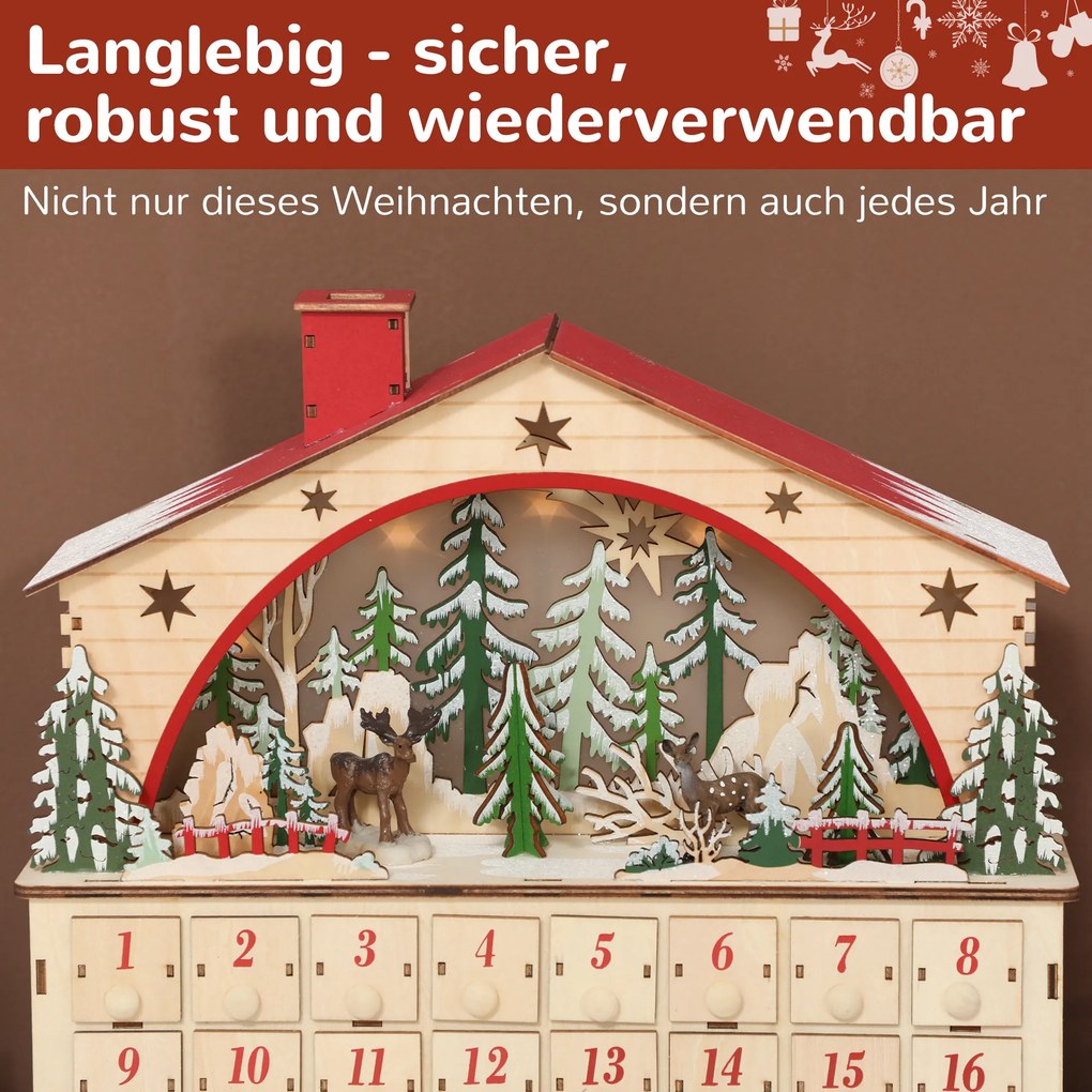 HOMCOM Adventní kalendář k naplnění 24 zásuvky přihrádky, vánoční kalendář s LED světly, přírodní dřevo, 36 x 10 x 34 cm