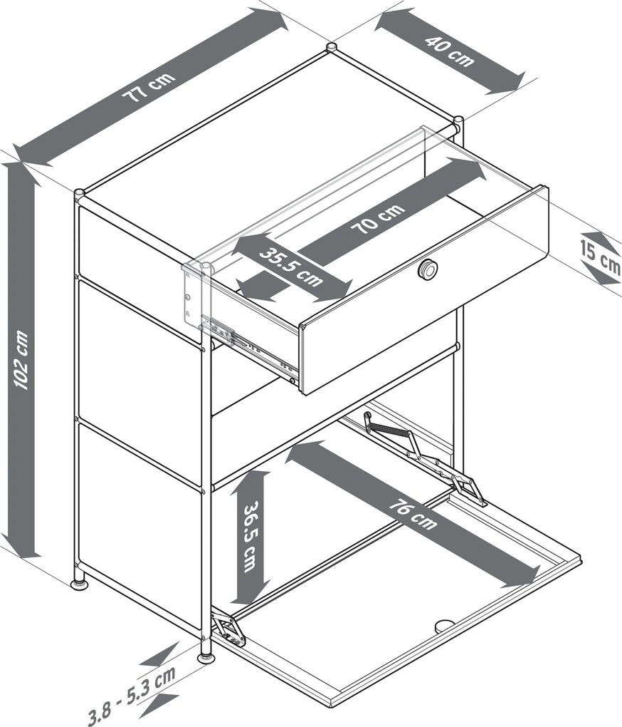 Tchibo - Komoda kovová »Cn3« se 3 zásuvkami a 1 výklopnými dvířky - barva: šedá